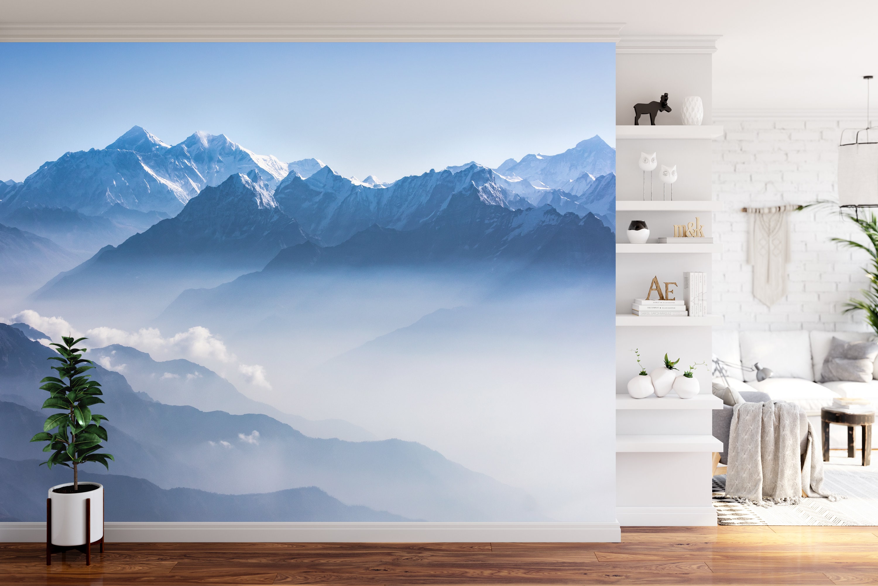 Scenic Mountains Mural, Misty Mountain Shadow, Hazy Silhouette Mountain ...