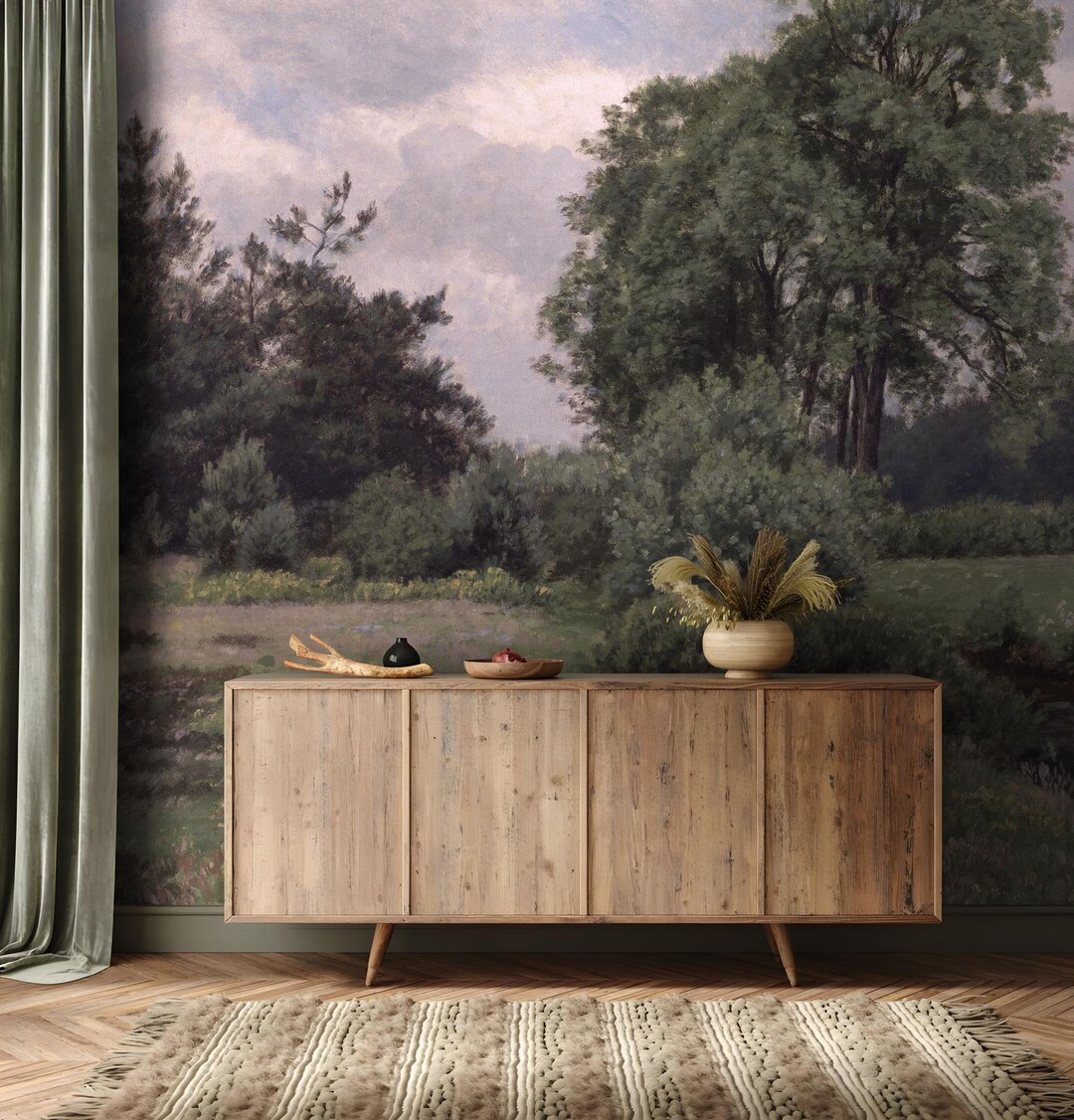 Rustic Landscape Wall Mural, Vintage Field and Trees Mural, Pastoral ...