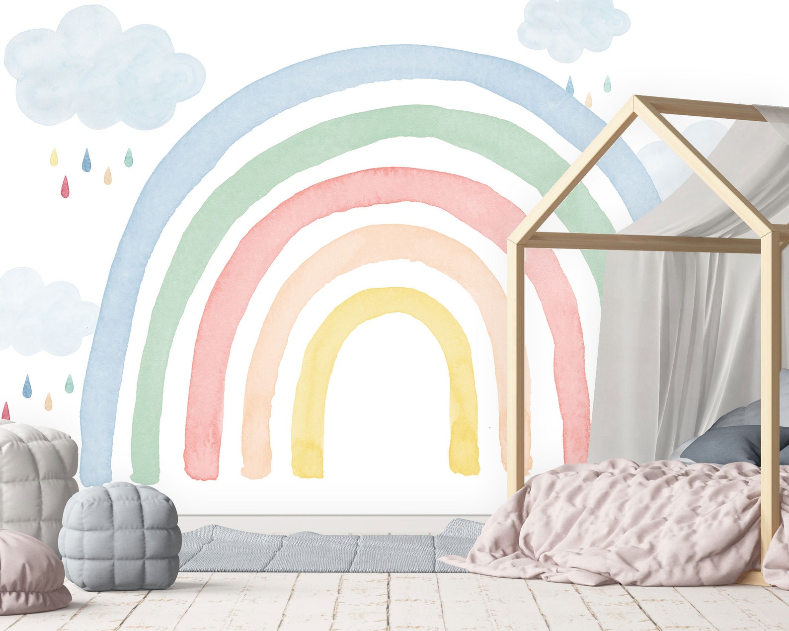 Watercolor Rainbow Wall Mural Colorful Rainbow and Raindrops | Etsy