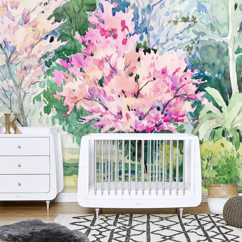 Watercolor Spring Forest With Blossom Trees Wall Mural, Enchanted ...