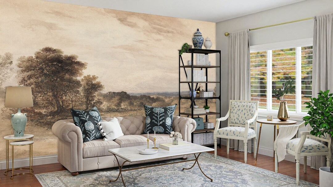 Hazy Moody Landscape Wall Mural, Vintage Forest Scene Wall Mural ...