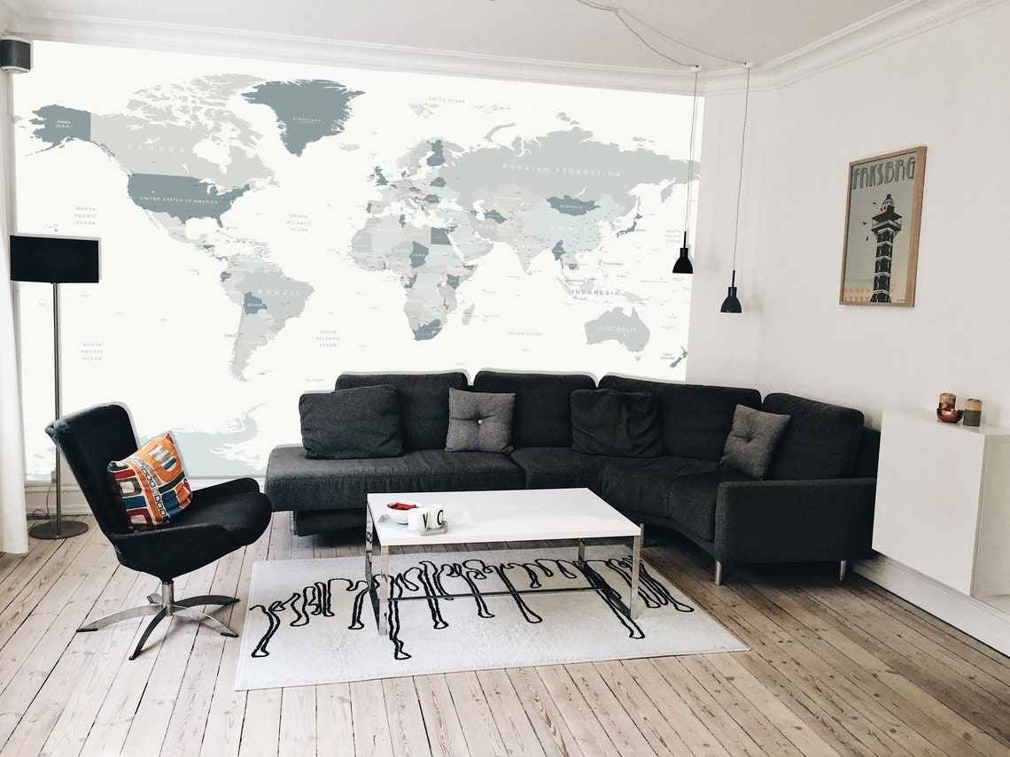 World Map Wall Mural in Neutral Colors, Detailed World Map Wallpaper in ...