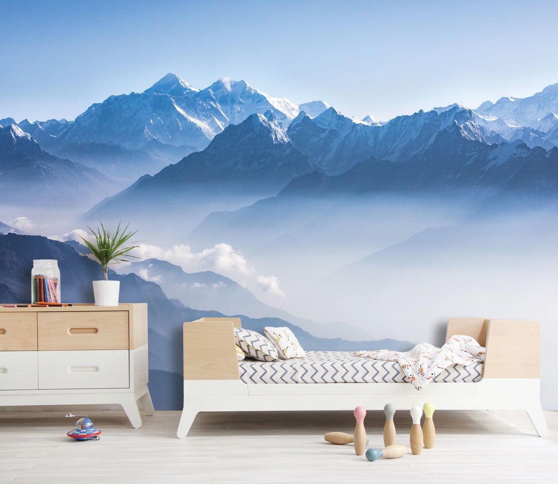 Scenic Mountains Mural, Misty Mountain Shadow, Hazy Silhouette Mountain ...