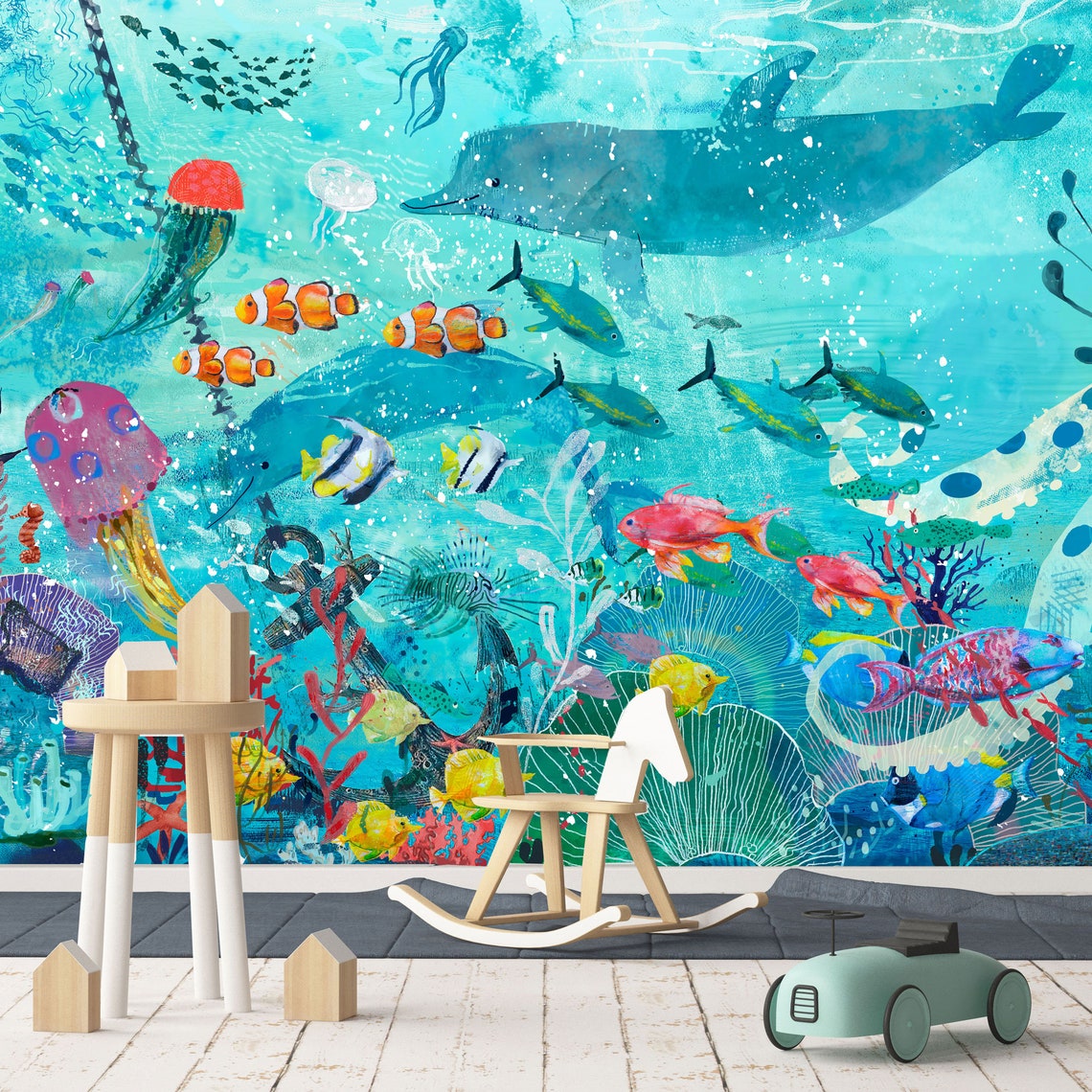 Deep Sea Bottom Wall Mural Dolphins Wallpaper Watercolor Sea - Etsy