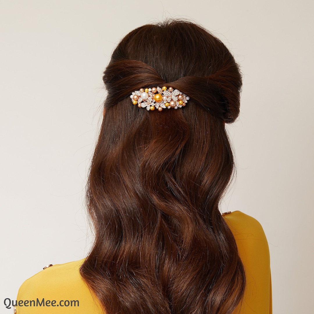 Gold Pearl Hair Clip Yellow Gold Hair Barrette With Rhinestones ...