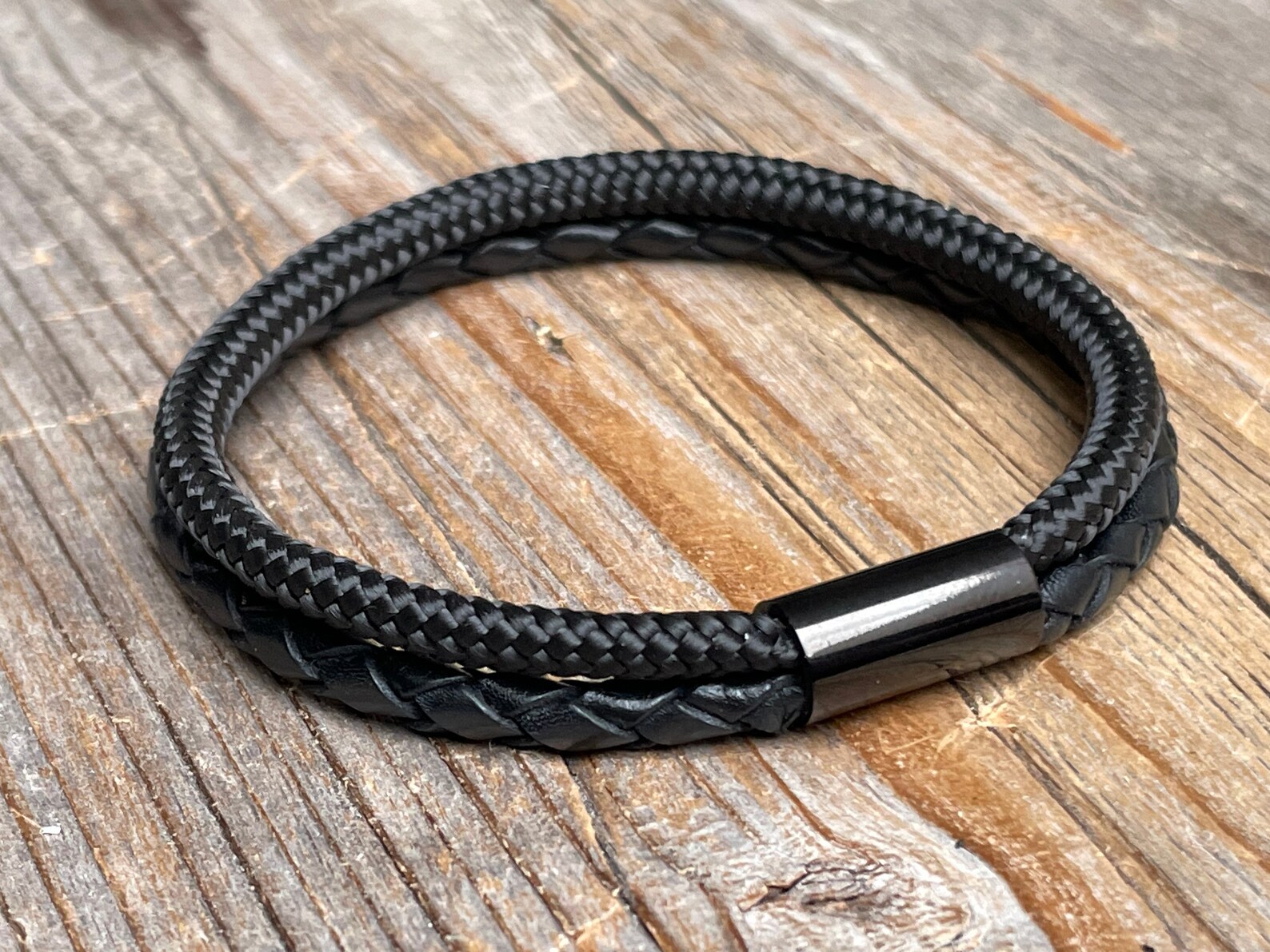 Black Leather Bracelet Men Stacking Bracelet Paracord and - Etsy