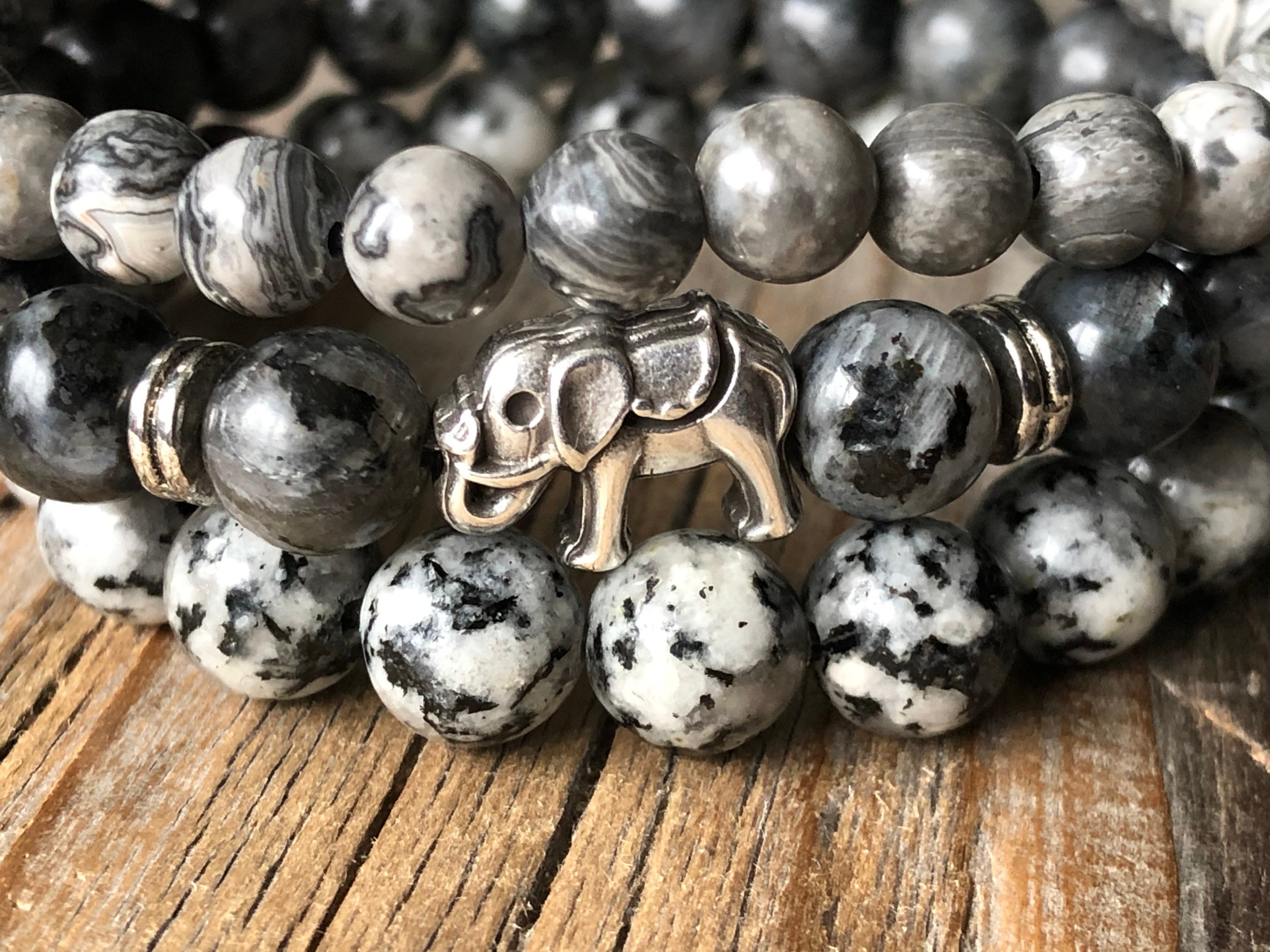 Bracelet With Elephant Gray Bracelet Set Beaded Gemstone Etsy