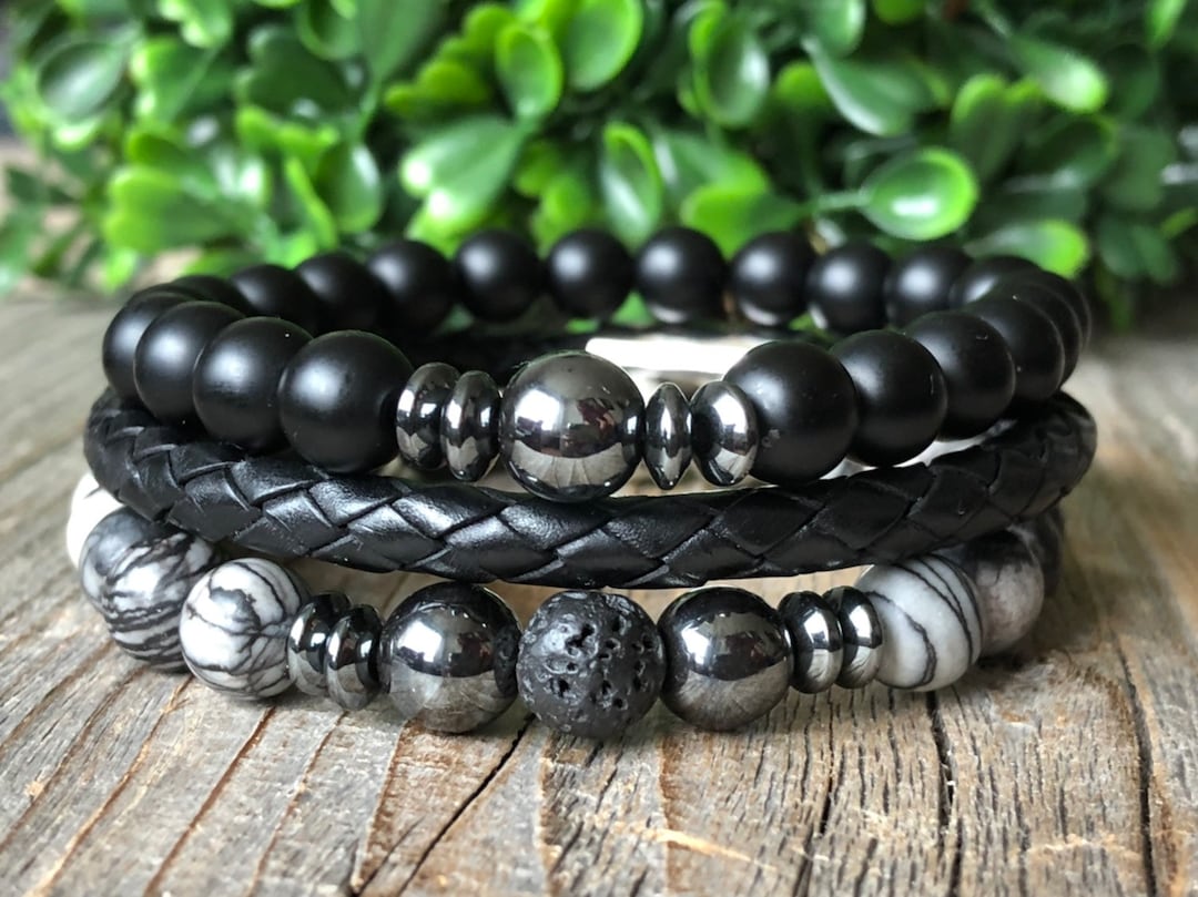 Heren Natuursteen Armbanden Set, Lederen En Natuursteen Armbanden ...