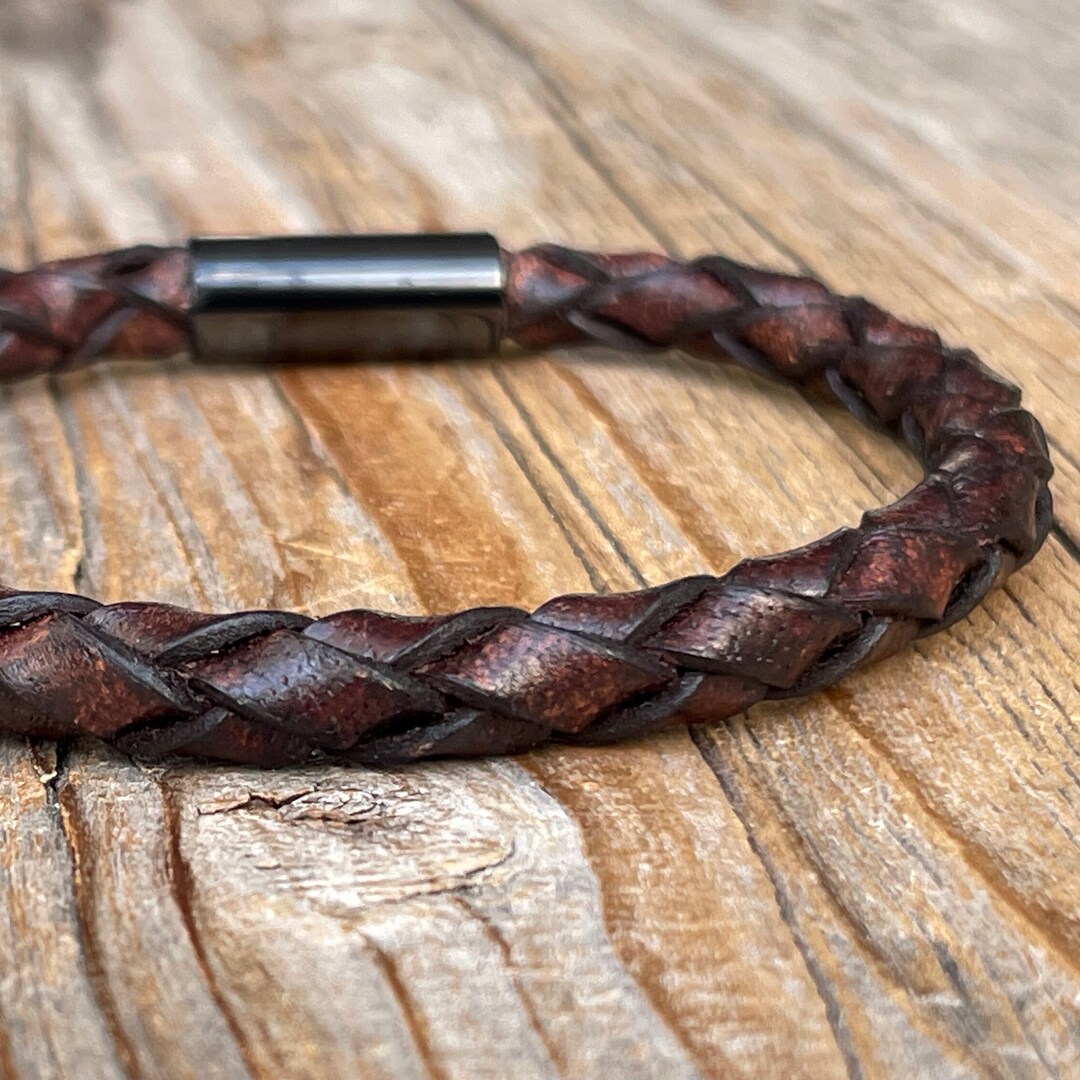 Brown Leather Bracelet, Round Braided Bracelet, Men's Leather Bracelet ...