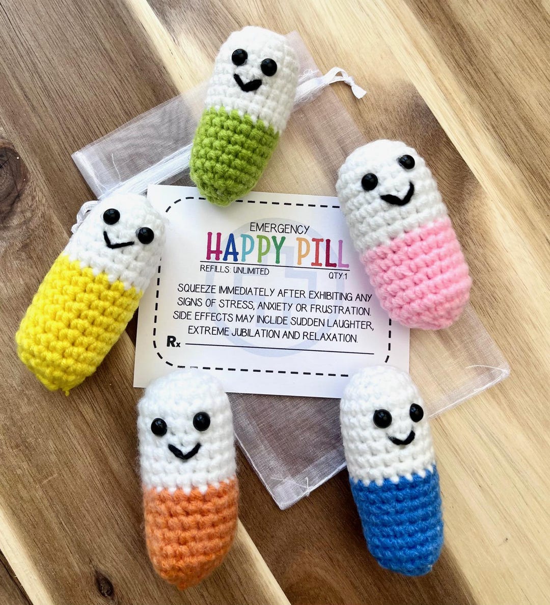 Funny Crochet Pill, Happy Emotional Support Pill, Crochet Stuffed Pill ...