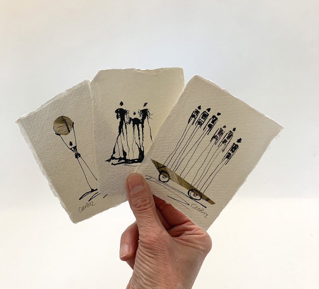 Set of 3 Mini Drawing, Handmade Paper, DIN A7, Collage, Sepia ...