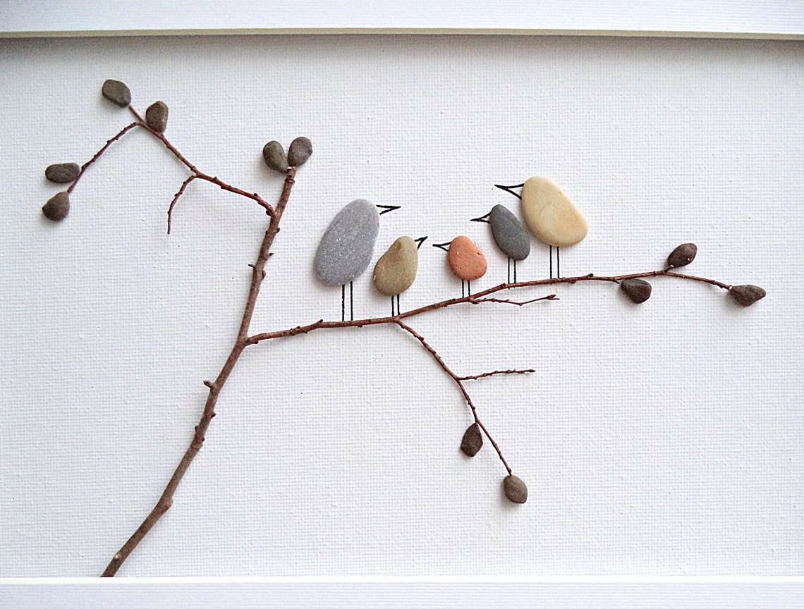 Pebble Art Birds Family of Five Gift Birds Wall Art Rustic - Etsy