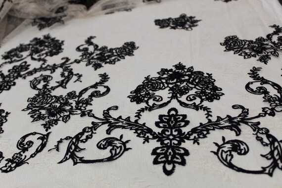 Flock Lace Velvet Flowers Fabric-damask Border Print | Etsy