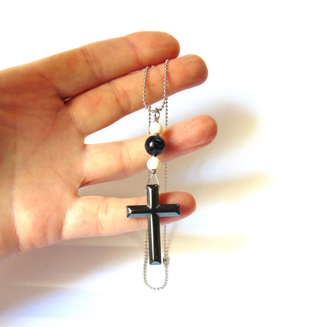 Hematite Cross Rear View Mirror Hanging Charm. Car Décor Hanging ...