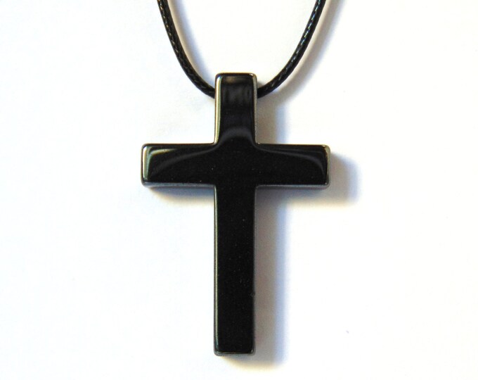 Hematite Cross Necklace - Natural Metallic Black Gemstone Cross for Men ...