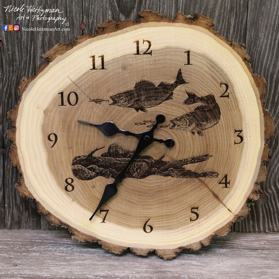 Engraved Wood Clock Walleye Fish Art Walleye Clock Fishing Art Father's ...