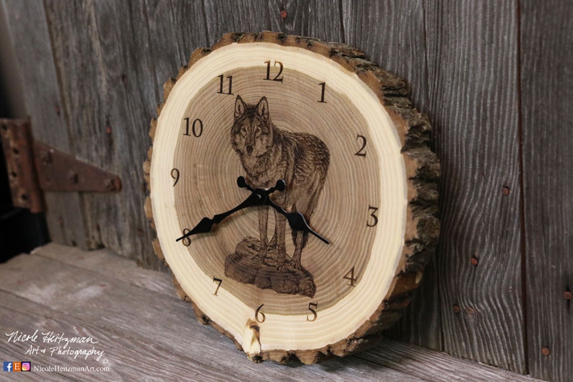 Engraved Wood Clock Wolf Art Wolf Clock Wildlife Art Father's Day Gift ...