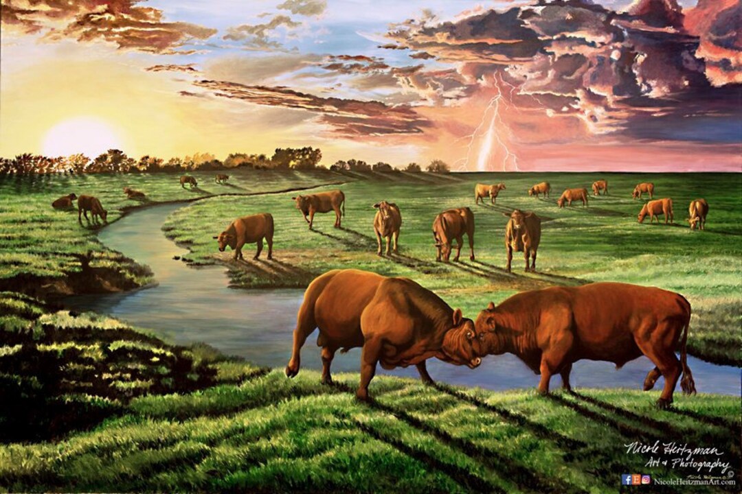 Thunder on the Prairie Red Angus Bulls Cattle Painting Art Print ...