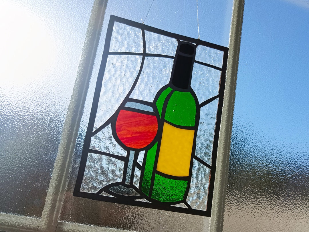 Red Wine Bottle and Glass Stained Glass Panel, for Wall, Window or ...