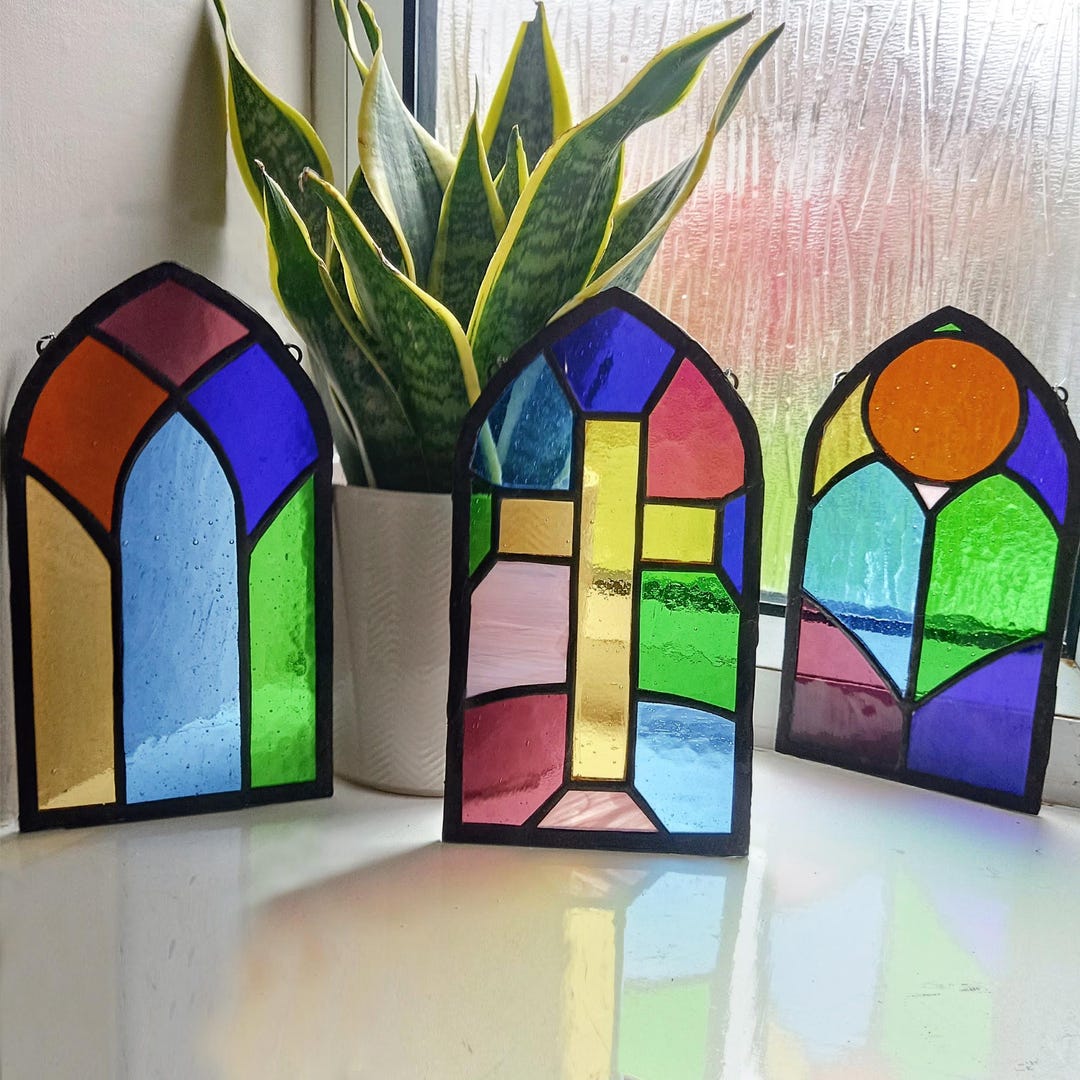 Mini Church Windows, Real Stained Glass. Suncatchers. Cross, Cathedral ...