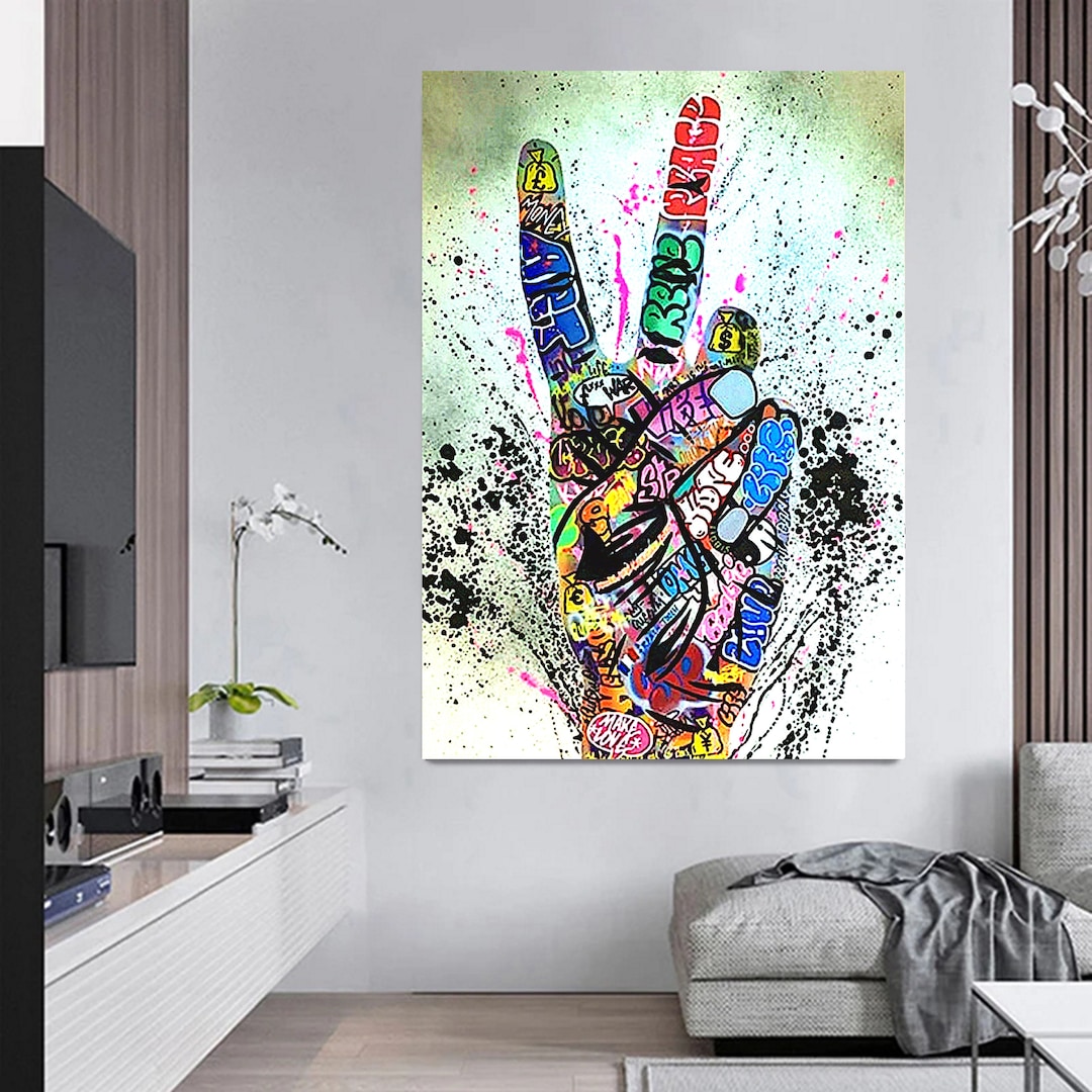 Graffiti Peace Sign Hand Printed Wrapped Frame Canvas or Poster Print ...