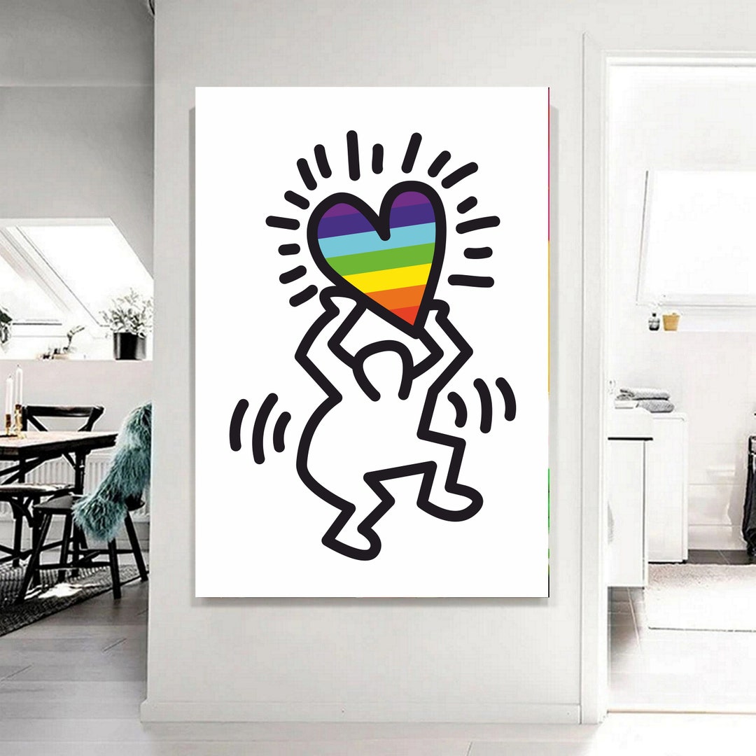 Keith Haring Inspired Rainbow Pride Heart Printed Canvas Wall Art or ...