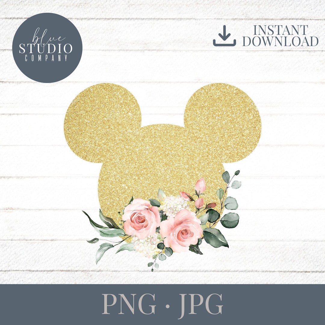 Gold Glitter Mickey Head With Watercolor Floral Accents, WDW, Magic ...
