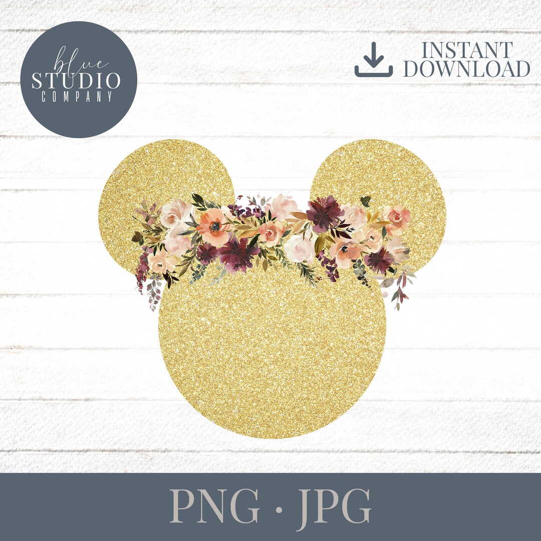 Gold Glitter Mickey Head With Watercolor Floral Accents, WDW, Magic ...