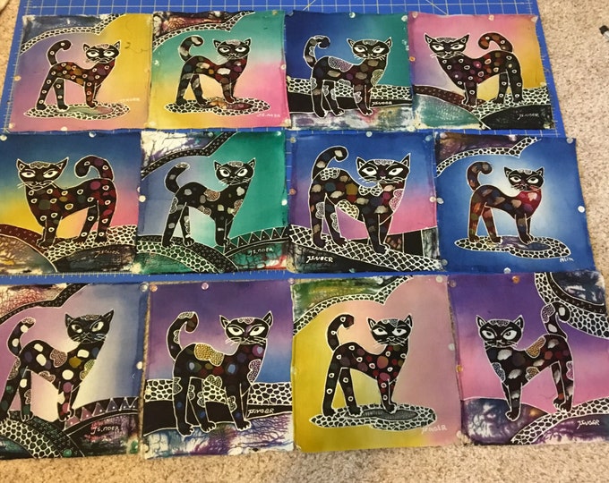 Batik Cat Fabric Squares Signed by Artist J.S. Noer*java Batiked Fabric ...