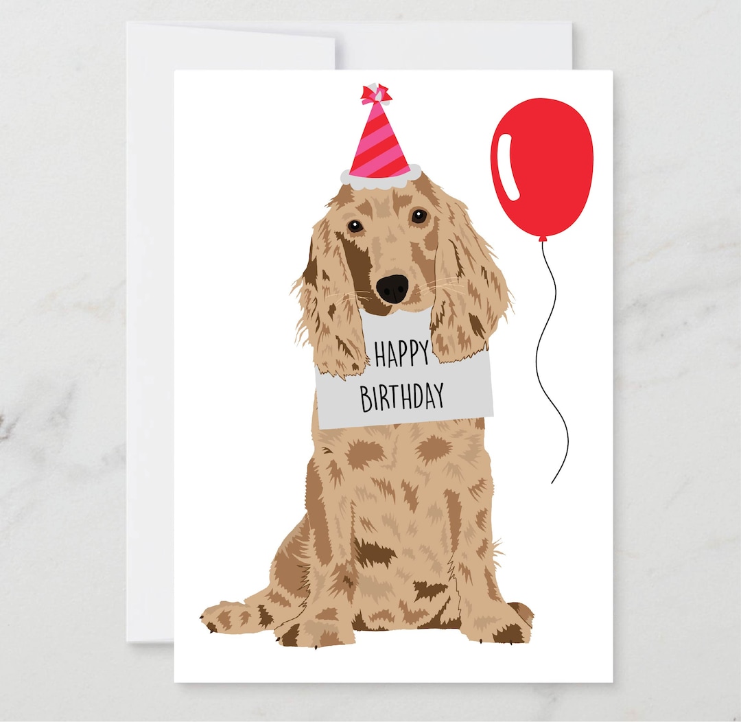 Cocker Spaniel Birthday Card, Happy Birthday, Dog in Party Hat, Custom ...