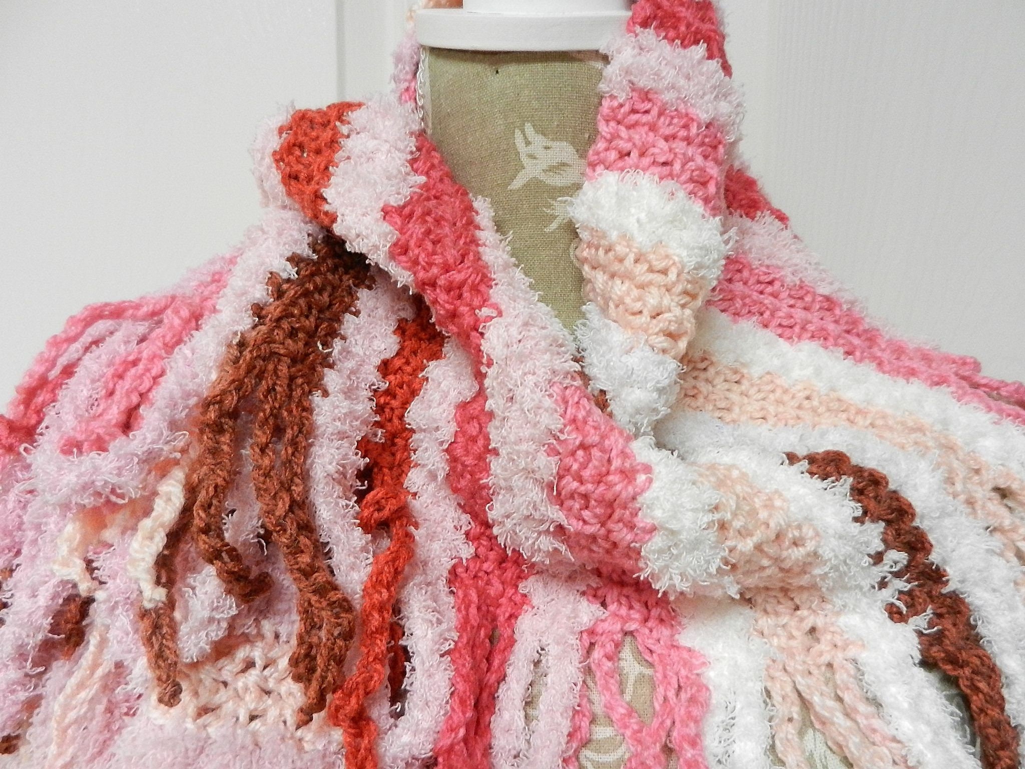 Fluffy Pink Cream Rust Dark Red Fringed Shawl Scarf - Etsy