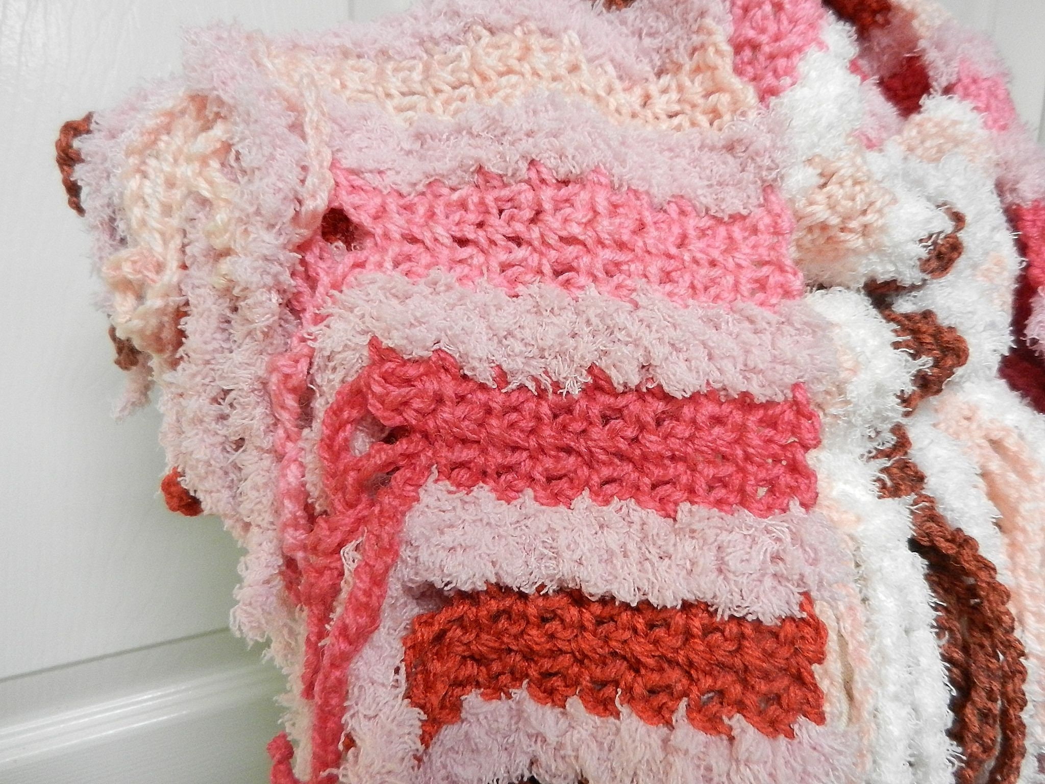 Fluffy Pink Cream Rust Dark Red Fringed Shawl Scarf - Etsy