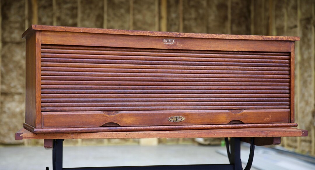 Antique Oak Roll Top File Cabinet W/ Lock Key Vintage Industrial ...