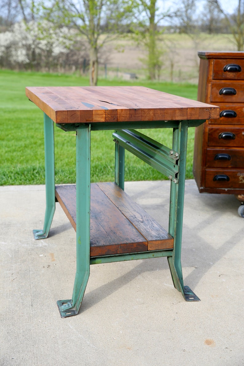 Vintage Workbench Butcher Block Wood Top Kitchen Island Table ...