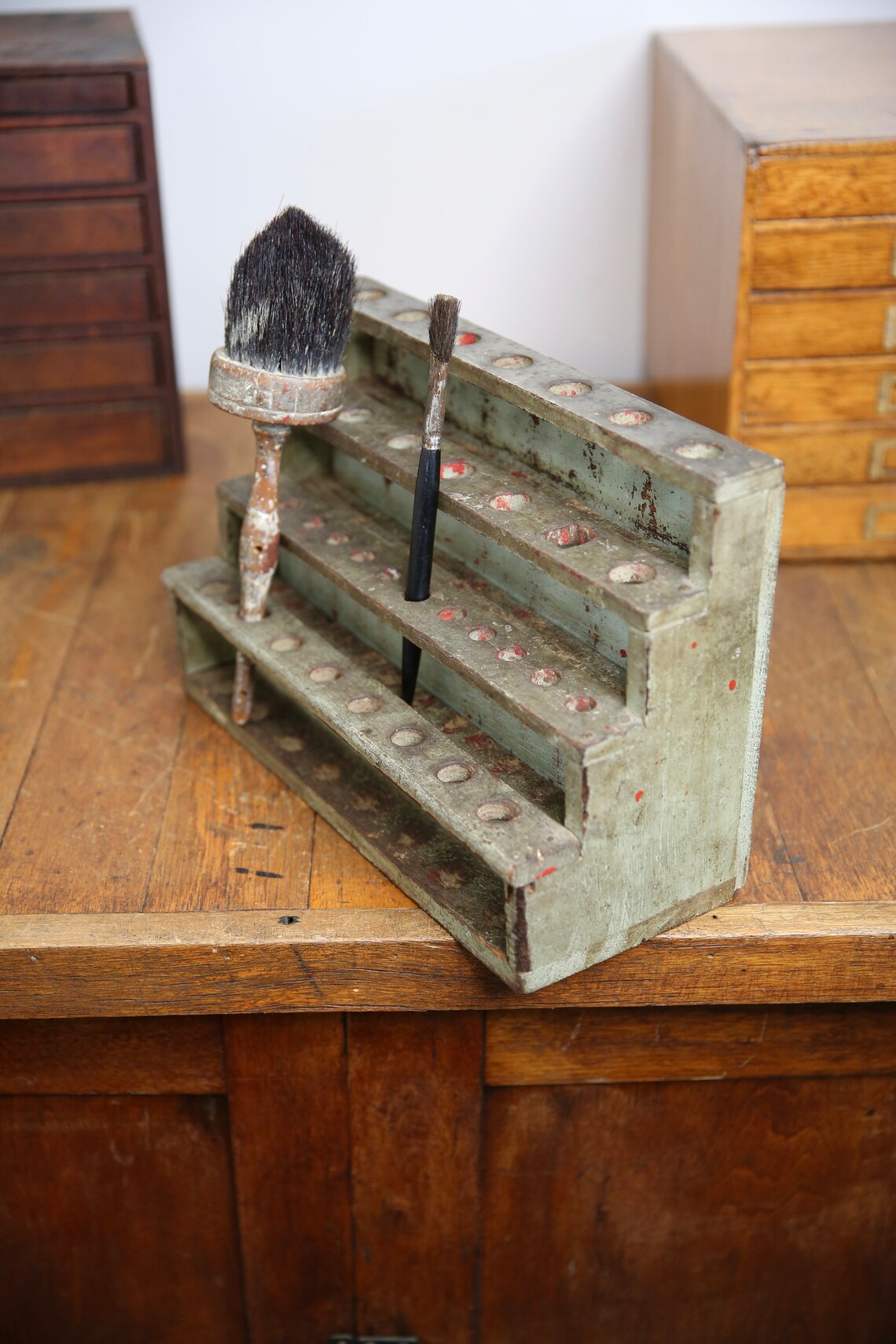 Vintage Wood Paint Brush Tool Pencil Holder Antique Desktop Art ...