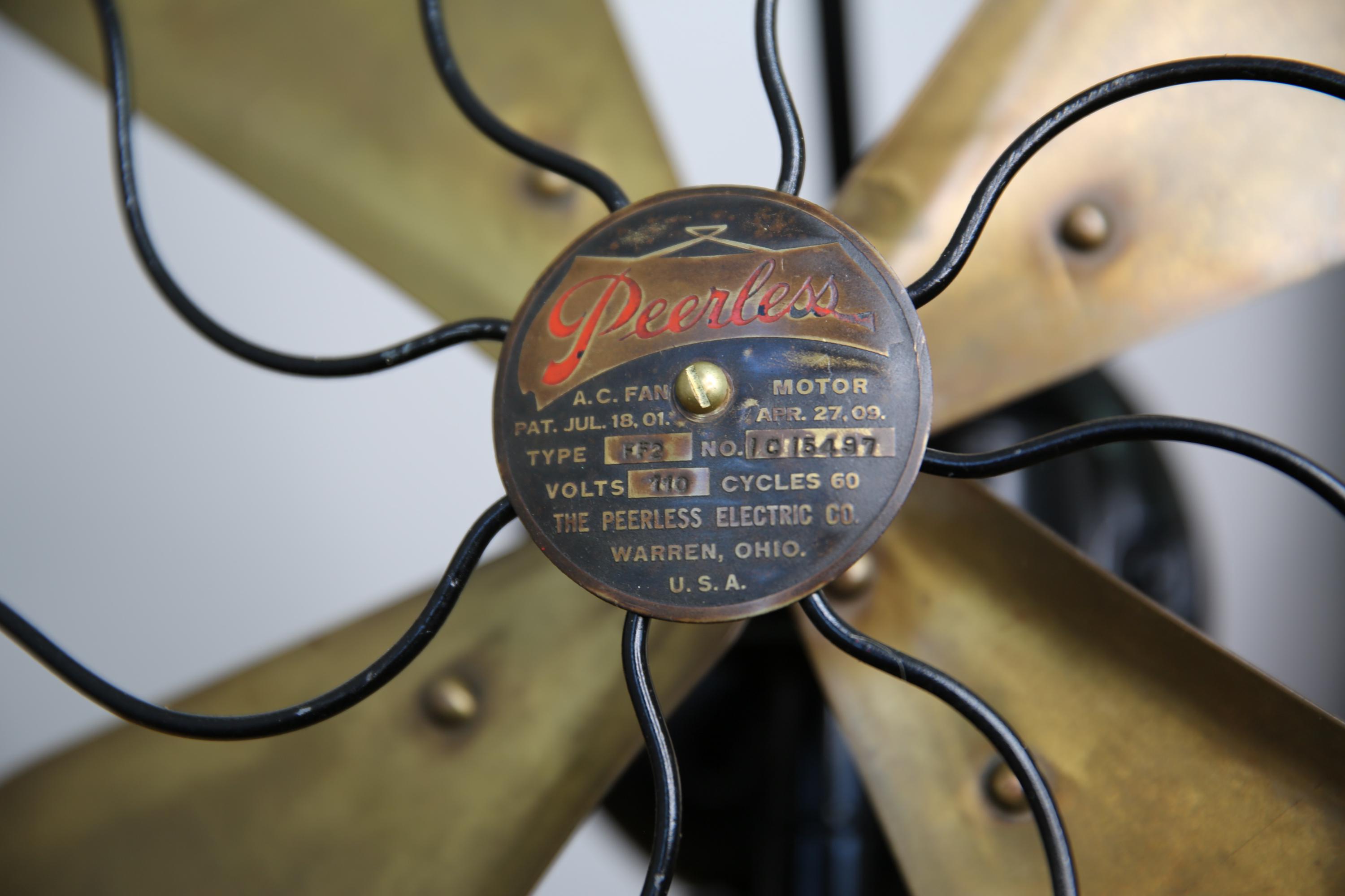 Antique Peerless Front Oscillating Electric Motor Fan 16" Brass Blade ...