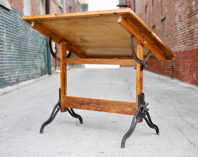 Antique Hamilton Drafting Table Cast Iron Leg Adjustable Height Wood ...