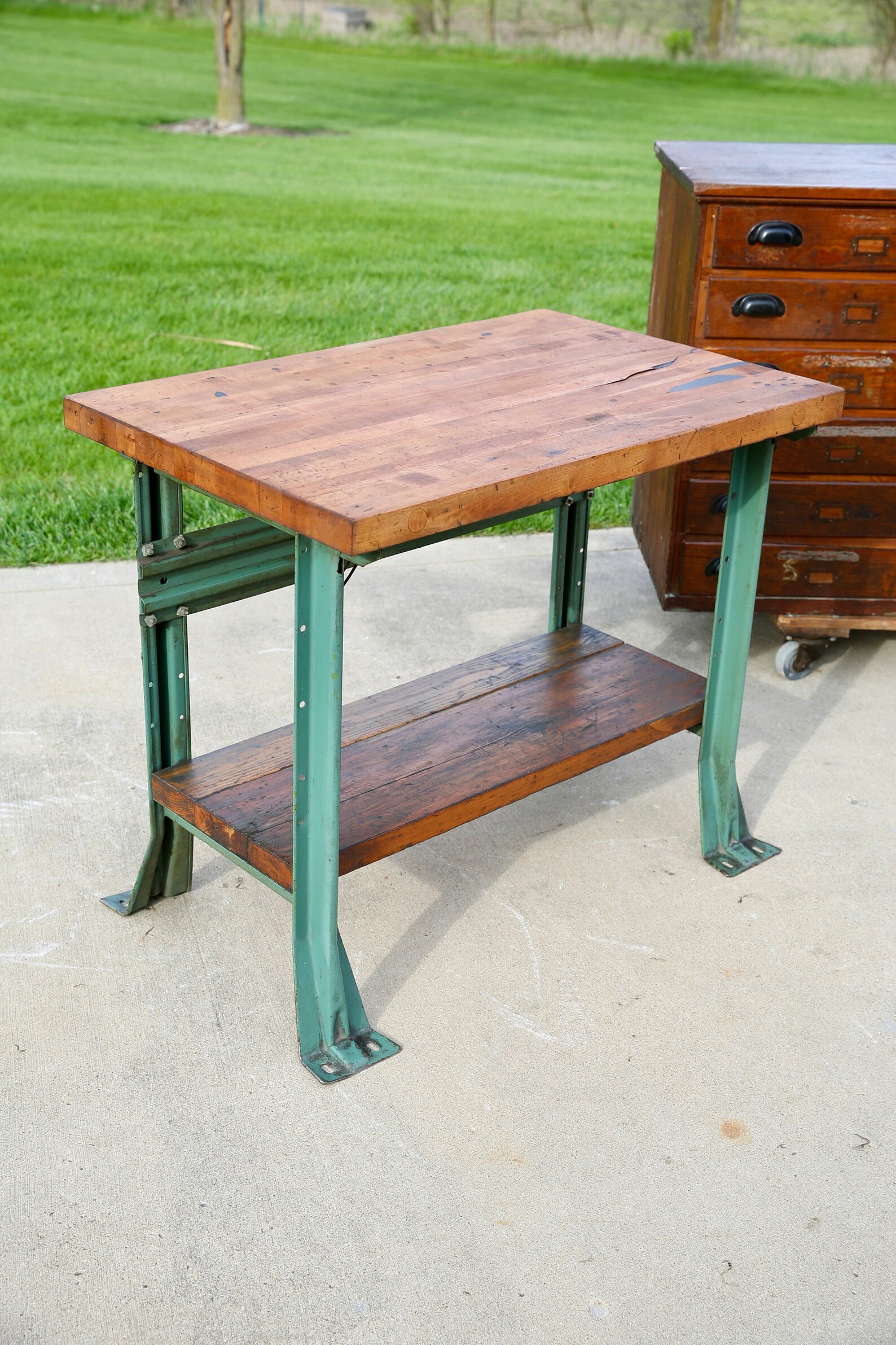 Vintage Workbench Butcher Block Wood Top Kitchen Island Table ...