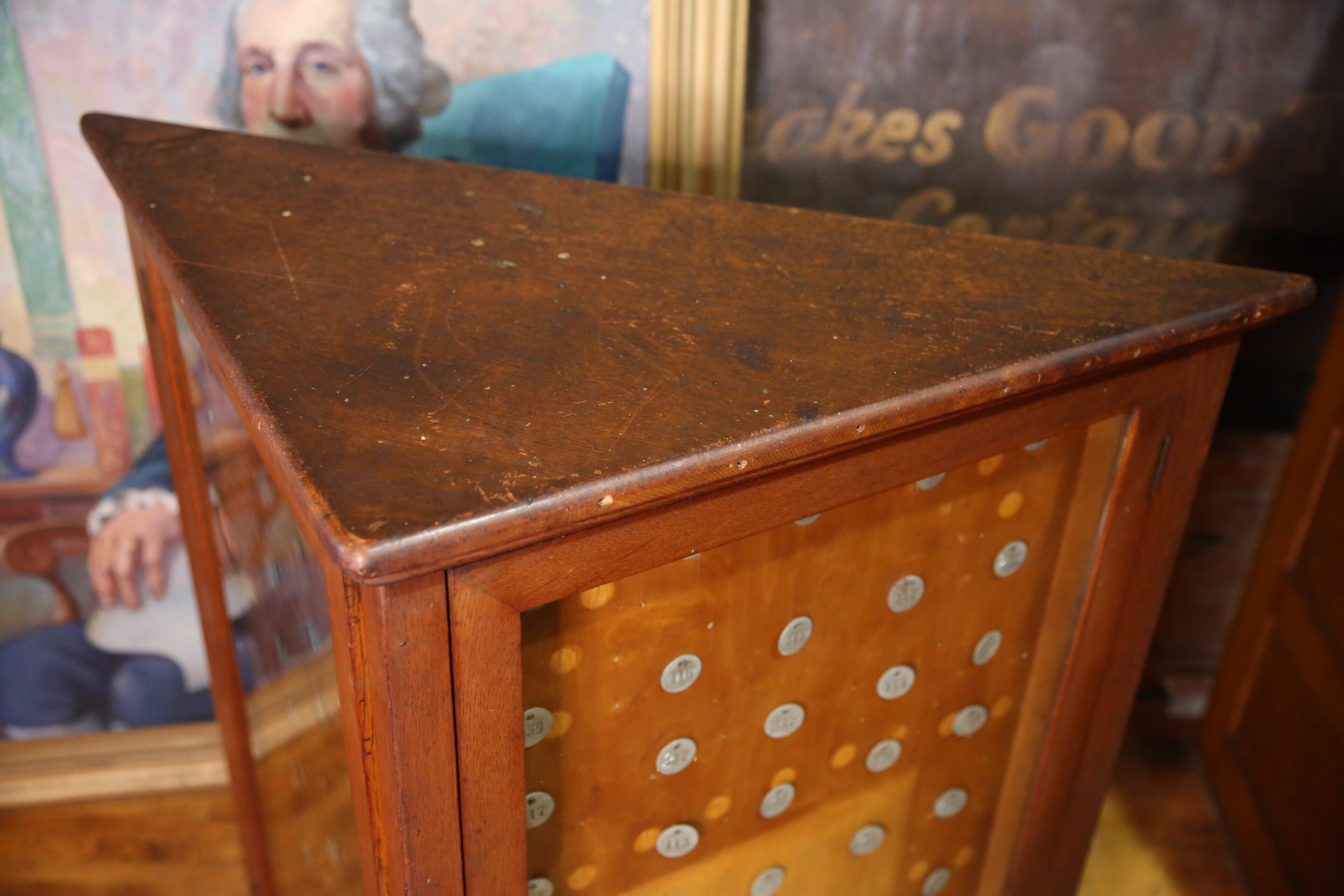 Antique Display Case Tiger Oak Apothecary Cabinet Triangular Glass Door ...