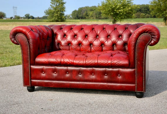 Vintage Tufted Leather Chesterfield Sofa Loveseat Red Wood Legs Living Room Office Study Loft Apartment Couch Etsy
