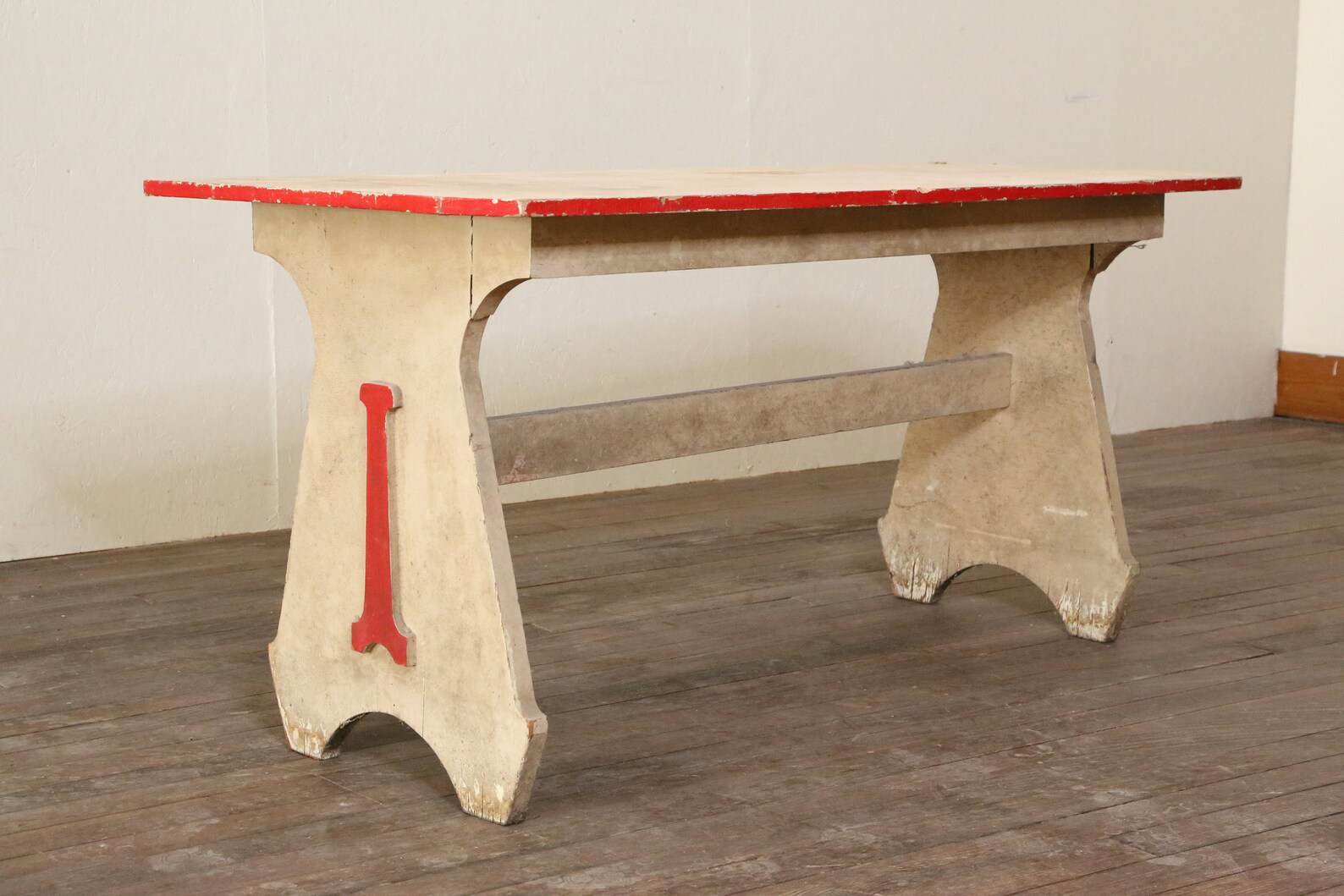 Antique White and Red Trestle Table Dining Room Farmhouse Kitchen ...