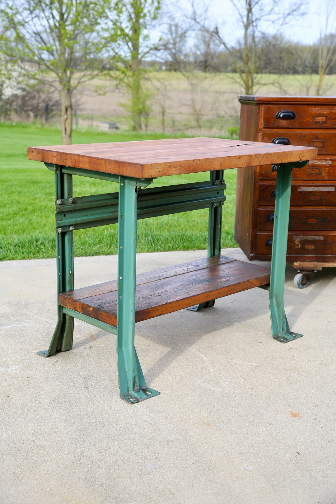 Vintage Workbench Butcher Block Wood Top Kitchen Island Table ...