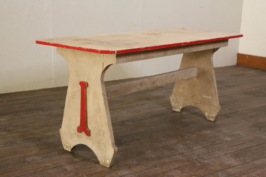 Antique White and Red Trestle Table Dining Room Farmhouse Kitchen ...