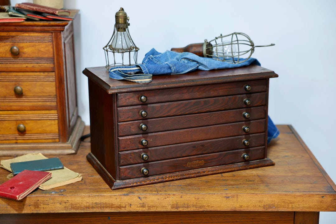 Antique Apothecary Cabinet Watchmaker Drawer Tool Jewelry Box Wood ...