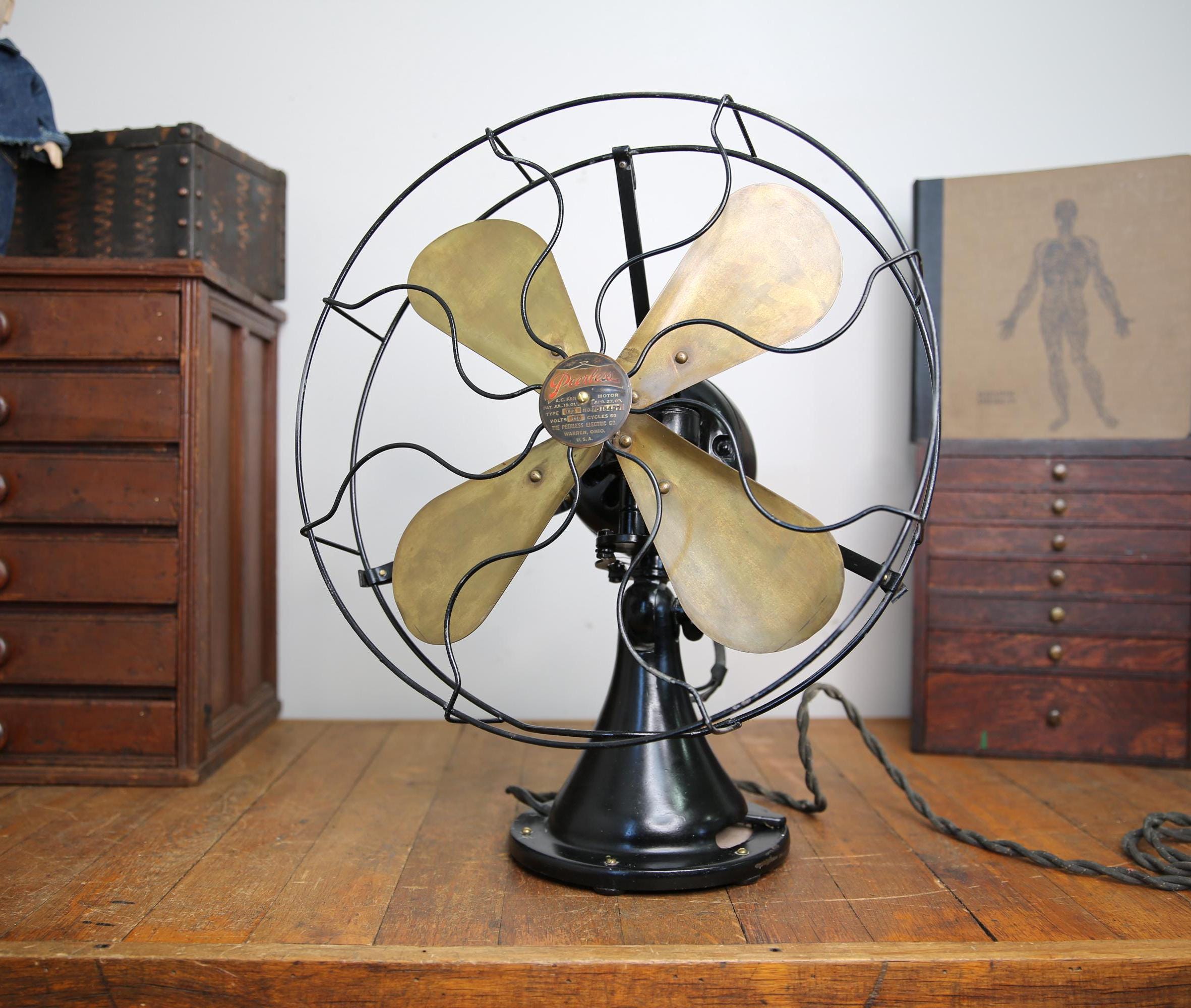 Antique Peerless Front Oscillating Electric Motor Fan 16" Brass Blade ...