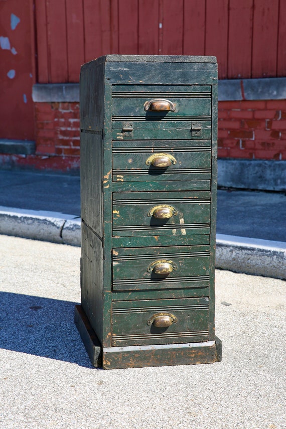 Antique Apothecary Cabinet Wood Drawer Green File Industrial Brass Pulls Vintage Office Organizer Tool Box Storage Kitchen Rustic Decor Etsy