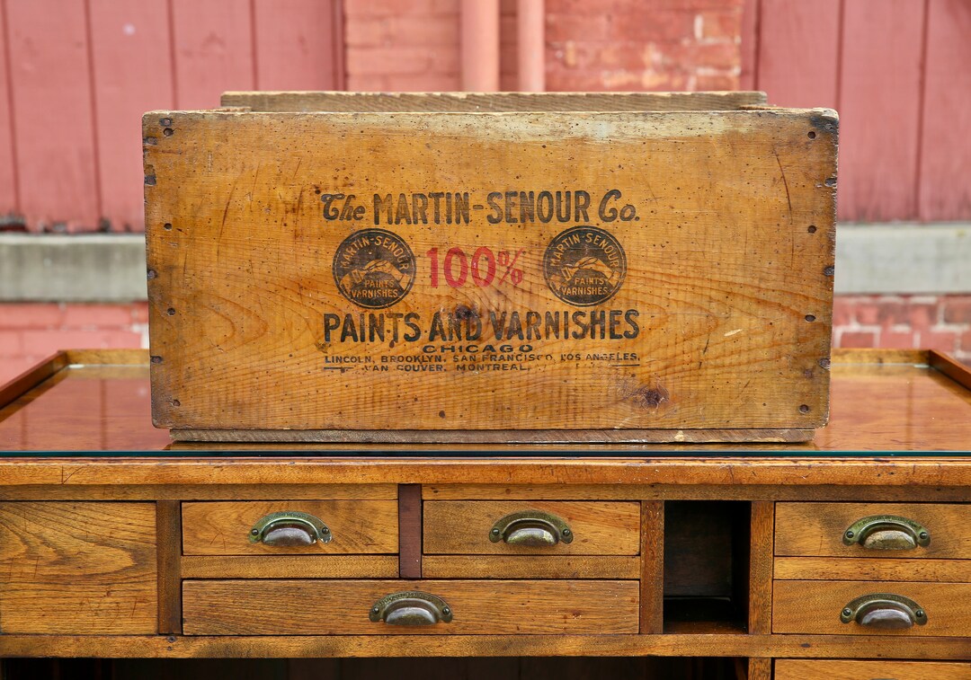 Antique Vintage Martin Senour Paint Varnish Wood Crate Box Advertising ...