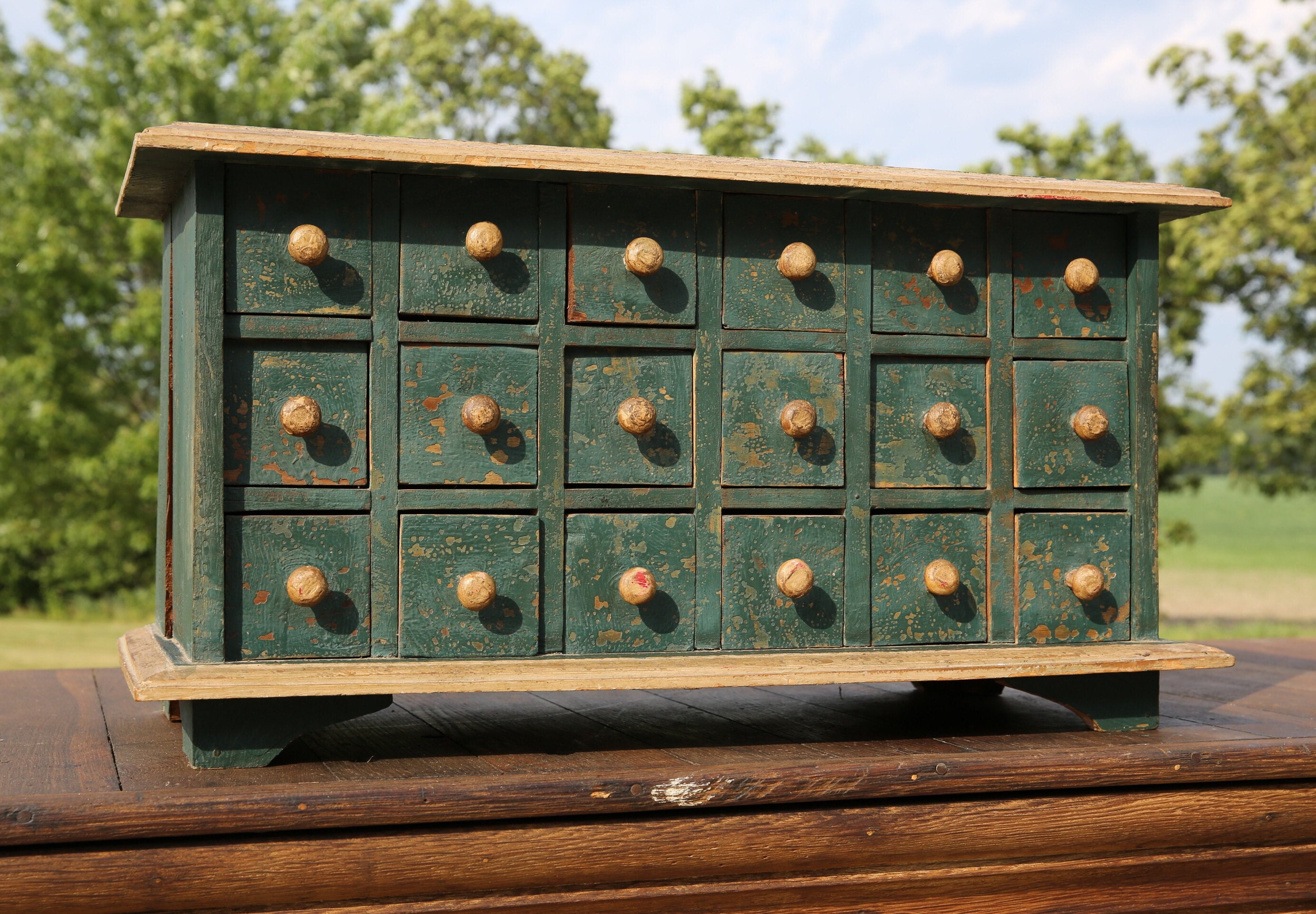 Antique Apothecary Cabinet 18 Drawer wood organizer jewelry box primitive green paint vintage cubby tool box chest wood knobs rustic Etsy