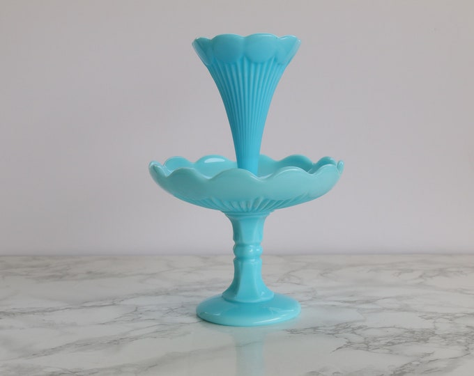 Vintage Portieux Vallerysthal Blue Milk Glass Epergne Vase and Footed Bowl - Etsy