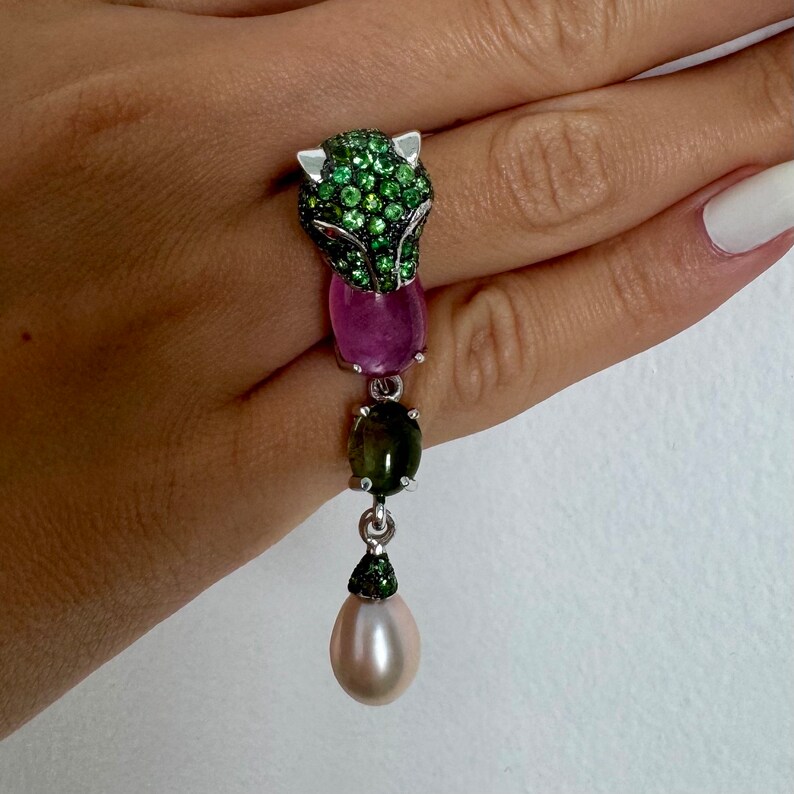Green Tourmaline & Pink Ruby Panther Pearl Charm Ring - Etsy